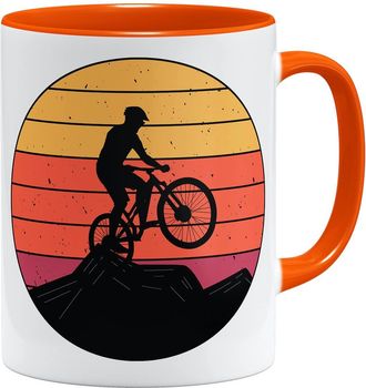 OM3 Retro Sunset Mountainbike Tasse mit Fahrrad MTB Bicycle Biking - Keramik Becher - 11oz 325ml - Beidseitig Bedruckt - Orange