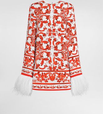 Dolce & Gabbana Kleid Aus Charmeuse Mit Majolika-print Und Federfransenbesatz - Frau Kleider Mehrfarbig 46