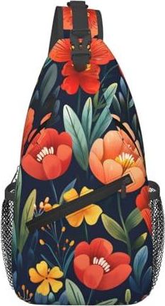 Generic Sacoche Homme Bandouliere Motif de fleurs rouges R&eacute;glable Sling Sac &agrave; Bandouli&egrave;re Multifonction Sac &agrave; Dos De Voyage pour Camping Voyage Cyclisme