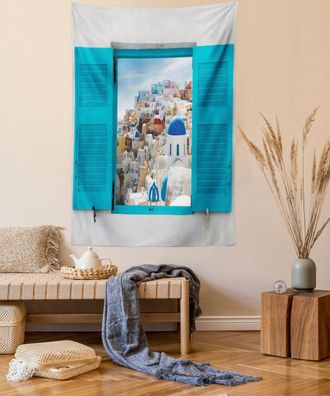 Abakuhaus Griechenland Wandteppich und Tagesdecke, Fenster Alte Fensterläden aus Weiches Mikrofaser Stoff Waschbar ohne Verblassen Digitaldruck, 140 x 230 cm,Aq