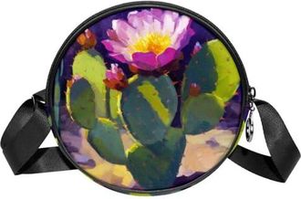 Generic Petit sac &agrave; bandouli&egrave;re rond pour femme, motif fleurs de cactus avec fermeture &eacute;clair, bretelles r&eacute;glables, sac &agrave; main rond d&eacute;contract&eacute; pour femmes et
