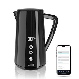 SWAN Alexa Bouilloire &Eacute;lectrique Intelligente WIFI Smart Kettle 1,5 L, Sans fil, Affichage LED Tactile, Fonction Garder au Chaud, Mur Isol&eacute; Acier Inoxydabl