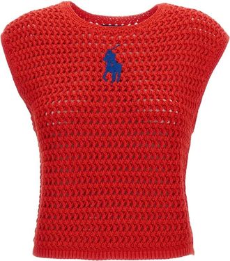 Polo Ralph Lauren Femme, Pulls, Rouge, Taille: 36 FR Pull Ras du Cou en Coton avec Bordure Crochet&eacute;e