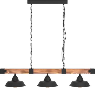 Eglo Pendellampe Oldbury, 3 flammige Vintage Pendelleuchte im Industrial Design, H&auml;ngelampe aus Stahl und Holz, Farbe: Schwarz, braun rustikal, Fassung: E2