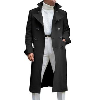 Generic Trench &agrave; revers crant&eacute; pour homme, coupe ajust&eacute;e, double boutonnage, manteau long dhiver chaud pour homme, Noir, 4XL