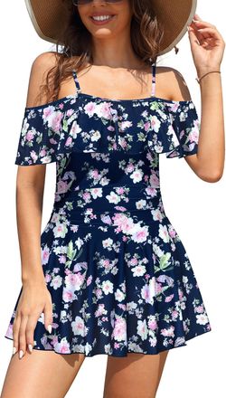 SHEKINI Damen Einteiliger Badeanzug Badekleid Rückenfrei Baderock Ruched Bauchweg Bauchkontrolle Damen Strandbadeanzug Bademode Großer Größe Schwimmrock(XL,Pf