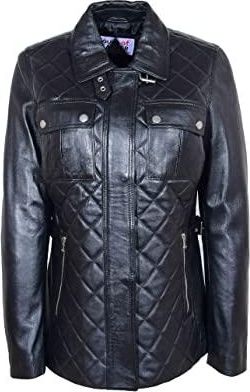 House Of Leather Veste moderne en cuir véritable pour femme avec poches zippées Noir Taille 38 40 42 44 46 48, Noir, 42