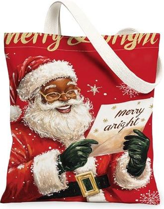 Generic Sacs fourre-tout en toile motif P&egrave;re No&euml;l vintage, r&eacute;utilisables, l&eacute;gers et lavables avec bandouli&egrave;re, Rouge, 13x15 Inch