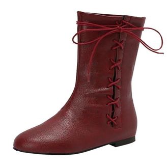 Generic Bottines pour femme, talon bloc bas, bottes m&eacute;di&eacute;vales avec sangle crois&eacute;e vintage pour cosplay, bottes courtes en cuir synth&eacute;tique avec dentelle plat