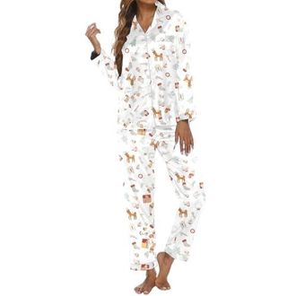 Generic Ensemble de pyjama de Noël 2 pièces en satin de soie pour femme - Imprimé graphique amusant - Haut à manches longues boutonné et pantalon doux, T Blan