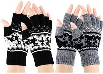 Satinior 2 Paires Mitaines sans Doigts Demi-Doigt Gants Tricotés Chauds (Noir et Gris)