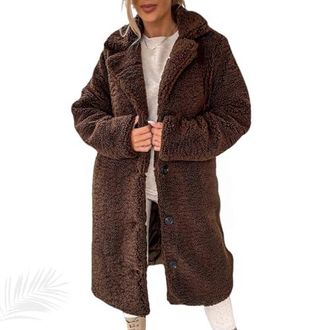 Generic Vestes longues en polaire Sherpa ouvert sur le devant pour femme Veste chaude à revers en fausse fourrure Manteau long Vestes dextérieur, café, XXL