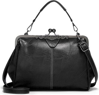 Nicole & Doris Damen Handtasche mit Griff Elegant Abendtasche Kiss Lock Henkeltasche PU Leder Retro Umhängetasche Geldbörse für Hochzeit Hochzeit Bankett Schwarz