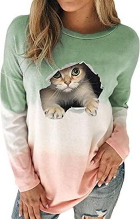 ORANDESIGNE Sweatshirt Chat Femme Automne Col Rond Sweater Patchwork Shirt T-Shirt &agrave; Manches Longues Chic Pull D&eacute;Contract&eacute; Oversize Sweat Sportswear Tunique Haut 