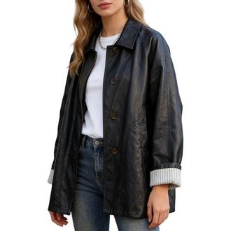 Generic Veste bomber surdimensionn&eacute;e en cuir synth&eacute;tique pour femme - Trench &agrave; manches longues - V&ecirc;tement de printemps 2026, Noir, 3XL