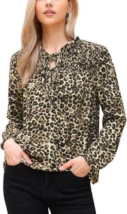 Allegra K Haut imprimé léopard pour femme à manches longues lanternes smockées avec col noué, imprimé léopard, M