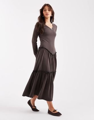 Daisy Street Robe longue &agrave; volants avec taille basse - Marron gris d&eacute;lav&eacute;-Multicolore