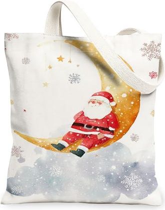 Generic Sacs fourre-tout fantaisie en toile motif de P&egrave;re No&euml;l, sacs d&eacute;picerie r&eacute;utilisables, l&eacute;gers et lavables avec bandouli&egrave;re pour le shopping, les voyage