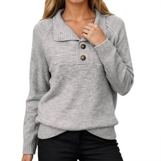 Generic Pull &agrave; col montant boutonn&eacute; en tricot torsad&eacute; pour femme, pull d&eacute;contract&eacute; &agrave; manches longues en tricot de couleur unie, tendance, gris, XL