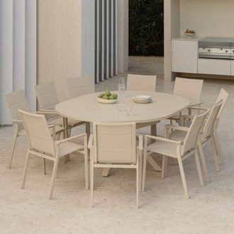 Sklum Set aus ausziehbarem Tisch 145-200x145 cm Barces und 10 stapelbaren Gartenst&uuml;hlen mit Armlehnen aus Aluminium Karena Beige Tapioca