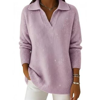 Generic Pull &agrave; col polo pour femme - Style d&eacute;contract&eacute; - Col en V - Brillant, rose, XXL
