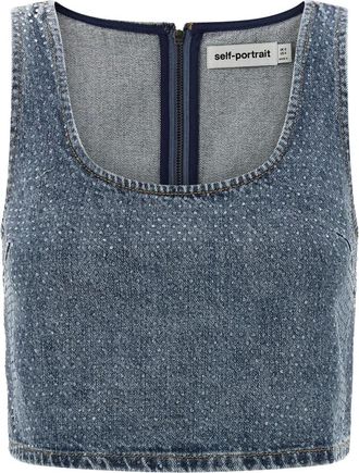 Self Portrait Femme, Tops, Bleu, Taille: 40 FR Haut court en denim avec strass
