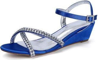 Generic Chaussures De Mariage Sandales Femme Été Compensées Mariée Peep Toe Talons Bas 4Cm pour Bal De Fin Dannée, Soirée,Bleu,41 EU