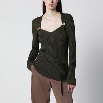 Bottega Veneta Ribbed cashmere-silk sweater with Prisma brooches green