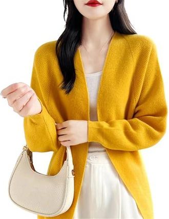 Generic Cardigan en laine pour femme 100 % laine tricot&eacute;e ample confortable col en V, jaune, Taille XS