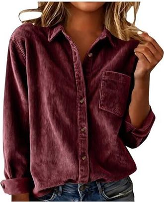 Generic Chemise en velours c&ocirc;tel&eacute; pour femme &agrave; manches longues et col boutonn&eacute; surdimensionn&eacute; avec poche, bordeaux, L