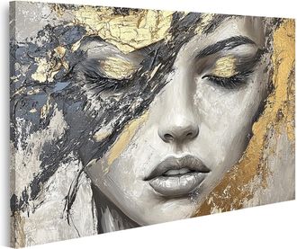 Islandburner Prime Bild auf Leinwand Frauengesicht Abstrakte Kunst mit Gold und Schwarz Texturen Bilder Wandbilder Poster