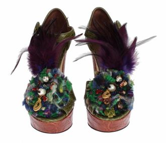 Dolce & Gabbana Womens Green Leather Crystal Platform Sandal Shoes