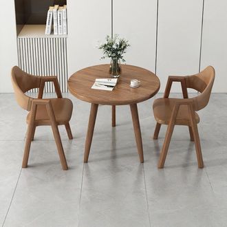 Generic Runder Empfangstisch Und 2 St&uuml;hle Im Set - Moderne Holzmaserung Mit PU-Ledersitzen for B&uuml;ro Oder Lounge(Light Brown Chairs+Walnut-Colored Table)