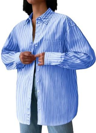 Generic Chemisier décontracté à rayures pour femme - Chemise habillée surdimensionnée à manches longues - A01, bleu, XL
