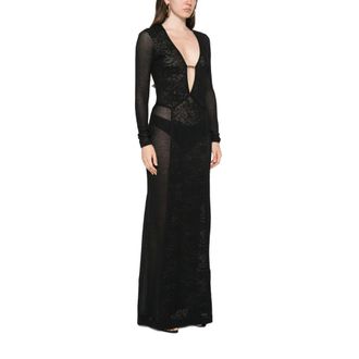 Elisabetta Franchi Maxikleid mit Spitzeneins&auml;tzen und langen &Auml;rmeln - - Dresses - Damen - Schwarzk - M
