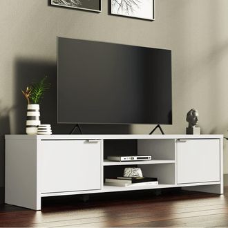Madesa TV Schrank, TV Lowboard mit 2 T&uuml;ren f&uuml;r Wohn- und Schlafzimmer f&uuml;r TV bis 65 Zoll, 145 x 38 x 40 cm, aus Holz - Wei&szlig;