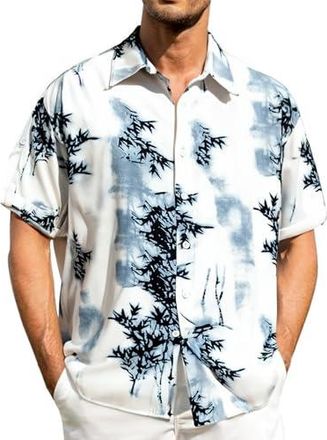 Generic Chemise en lin &agrave; manches courtes pour homme - Blanc - Coupe ajust&eacute;e - Grande taille - Haut d&eacute;contract&eacute; - T-shirt &agrave; manches longues - Coupe droite - Ha