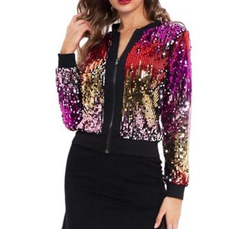 Generic Veste Bomber Courte &Agrave; Sequins Et Fermeture &Eacute;clair Manches Longues Style Motard avec D&eacute;grad&eacute; Arc-en-Ciel Hauts Brillants Multicolores Tenue Id&eacute;ale pour