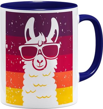OM3 Retro Sunset Cool Alpaka Tasse mit Spruch Motiv Lama - Keramik Becher - 11oz 325ml - Beidseitig Bedruckt - Dunkelblau