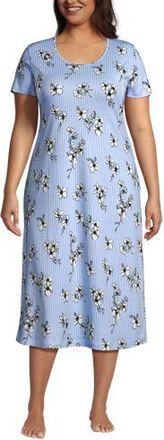 Lands End Wadenlanges Kurzarm-Nachthemd aus reiner Baumwolle, Damen, Gr&ouml;&szlig;e:48-50 plus, Blau, Baumwolle, by Lands End