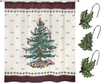 Spode Avanti Linens - Dusch-Set, Stoff-Duschvorhang und 12-teilige Vorhanghaken, Urlaubs-Badedekoration (Spode Christmas Tree Tartan-Kollektion)