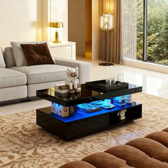 Generic Schwarzer Hochglanz-Couchtisch 95x50x42.5 cm - Mit 4 Glasplatten, 2 Schubladen & 2 Offenen Fächern - Stilvoller Unterschrank fürs Wohnzimmer (Black)