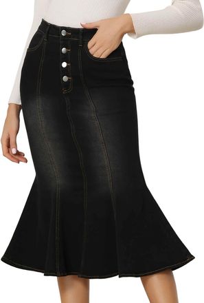 Allegra K Damen Denimrock Fischschwanz Rock Distressed Jeansrock Langer Rock Schwarz M