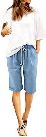 Generic Short pour femme - Longueur genou - &Eacute;l&eacute;gant - Pantalon en lin pour femme - Pantalon d&eacute;t&eacute; 7/8 - Pantalon &eacute;troit - Pantalon pour femme avec &eacute;lastique - 