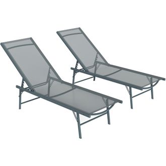 OUTSUNNY Lot de 2 bains de soleil transats inclinables pliables m&eacute;tal &eacute;poxy textil&egrave;ne gris