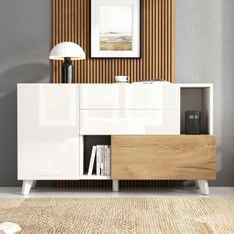 Generic Hochglänzendes Sideboard 130 cm Breit Kommode mit Türen 2 Schubladen Offener Lagerraum Eckschrank für Wohnzimmer Esszimmer Küche Buffetschrank Anricht