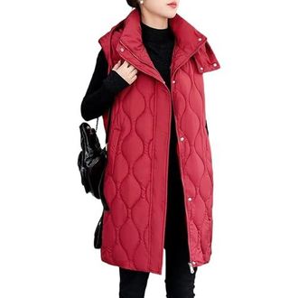 Generic Gilet chaud matelass&eacute; &agrave; capuche pour femme, long et chaud, sans manches, fermeture &eacute;clair, rouge, taille L. Id&eacute;al pour lhiver