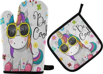 TropicalLife Oowow Ofenhandschuh und Topflappen, Set mit coolem Cartoon-Einhorn, Blume, Baumwollfutter, hitzebest&auml;ndig, Topflappen, f&uuml;r K&uuml;che, Backen, Kochen, Gril