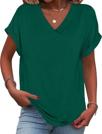 Onsoyours Tshirt Damen V-Ausschnitt Kurzarm T-Shirt Sommer Locker Oberteile Elegant Lässig Shirt A Grün XXL