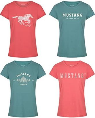 Mustang Jeans Lot de 4 t-shirts pour femme - Coupe ajustée - Col rond - Basic - Manches courtes - Logo imprimé - 100 % coton - Blanc, bleu, vert, rouge, tailles S, 